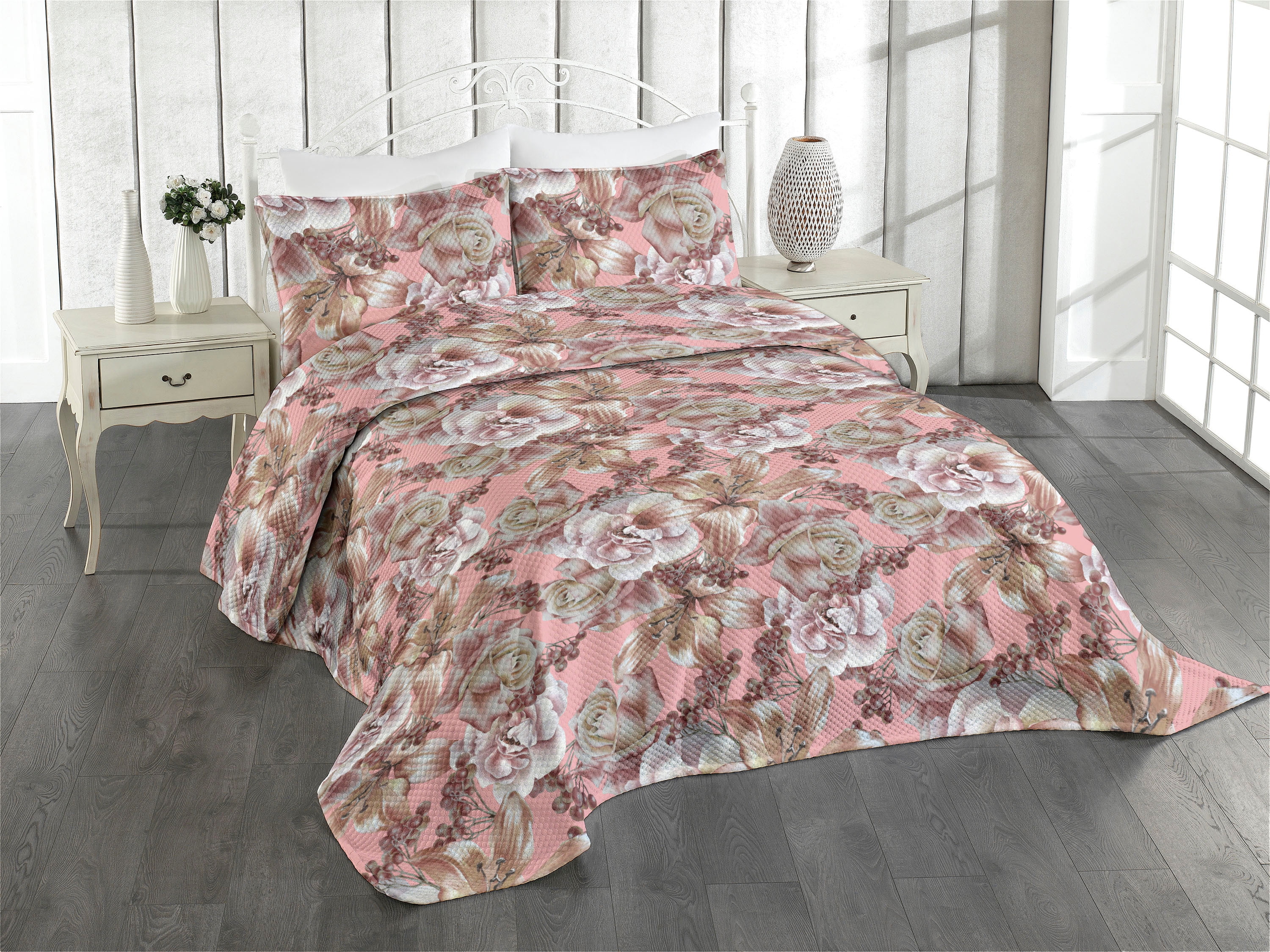 Spring Bedspread, Rose Lily Flowers Berries Retro Watercolor Style ...