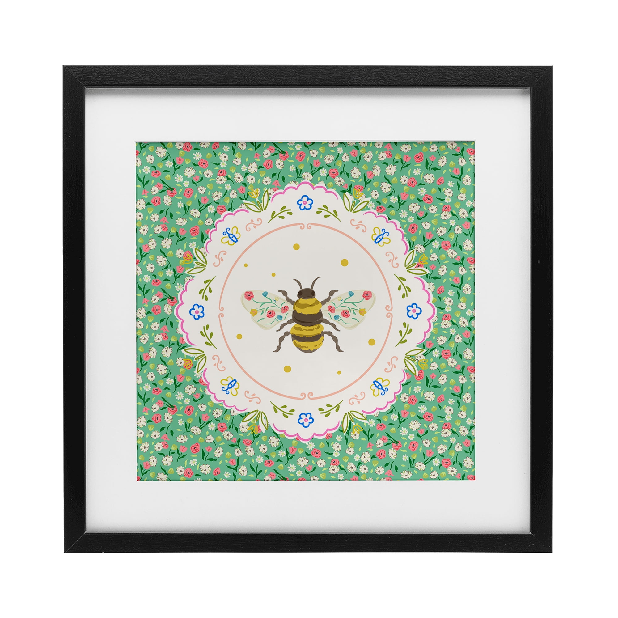 Spring Bee Delicate Florals Black Framed Print Under Glass, design by ...