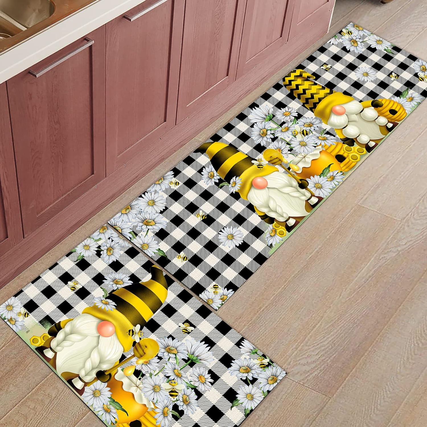 Spring Bee Gnomes Kitchen Mats 2 Piece, Summer Idyllic Daisy Flowers ...