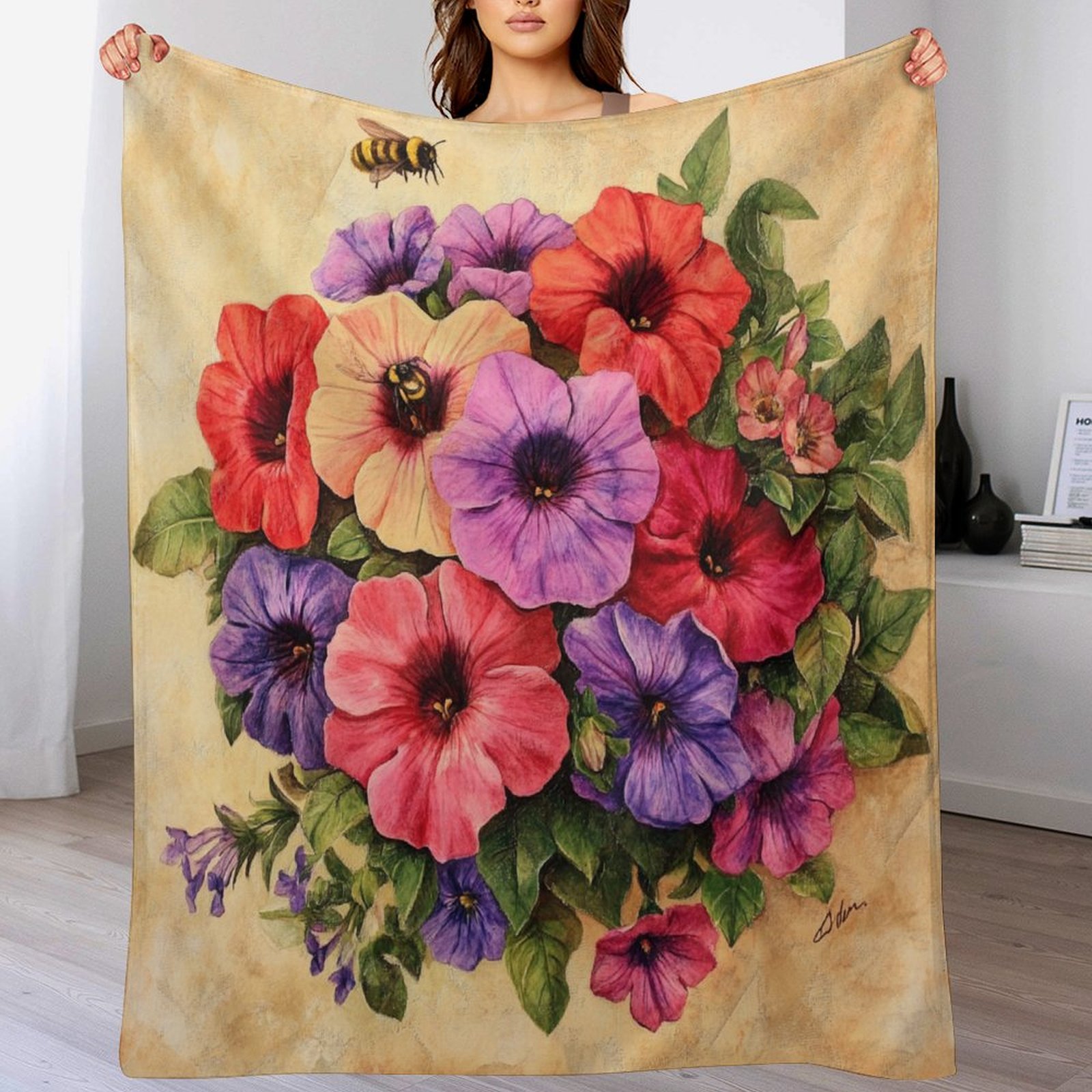 Spring Bee Red Geranium Summer Colorful Flower Flannel Blanket 50"x60 ...