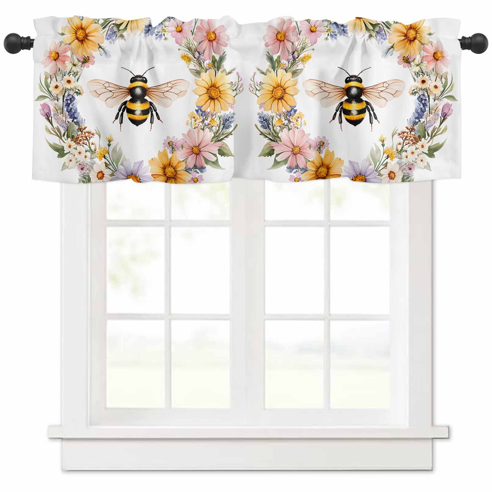Spring Bee Wreath Valances for Windows Farmhouse Kitchen Curtains ...