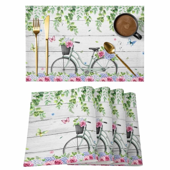 Spring Bicycles Cotton Linen Placemats Set of 8, Roses Flower ...