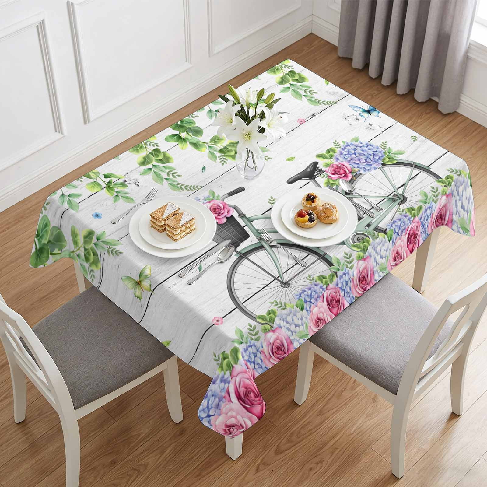 Spring Bike Roses on Wood Board Table Cloth 60x84in, Waterproof ...