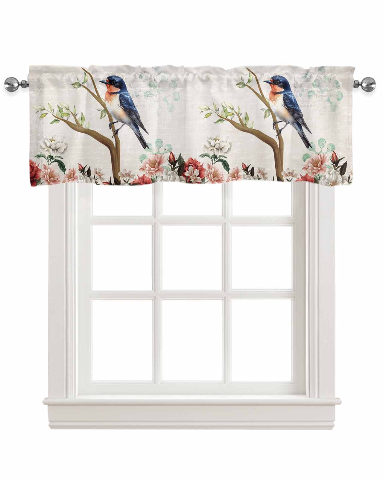 Spring Bird Branch Kitchen Valances for Windows Farmhouse Linen Window ...