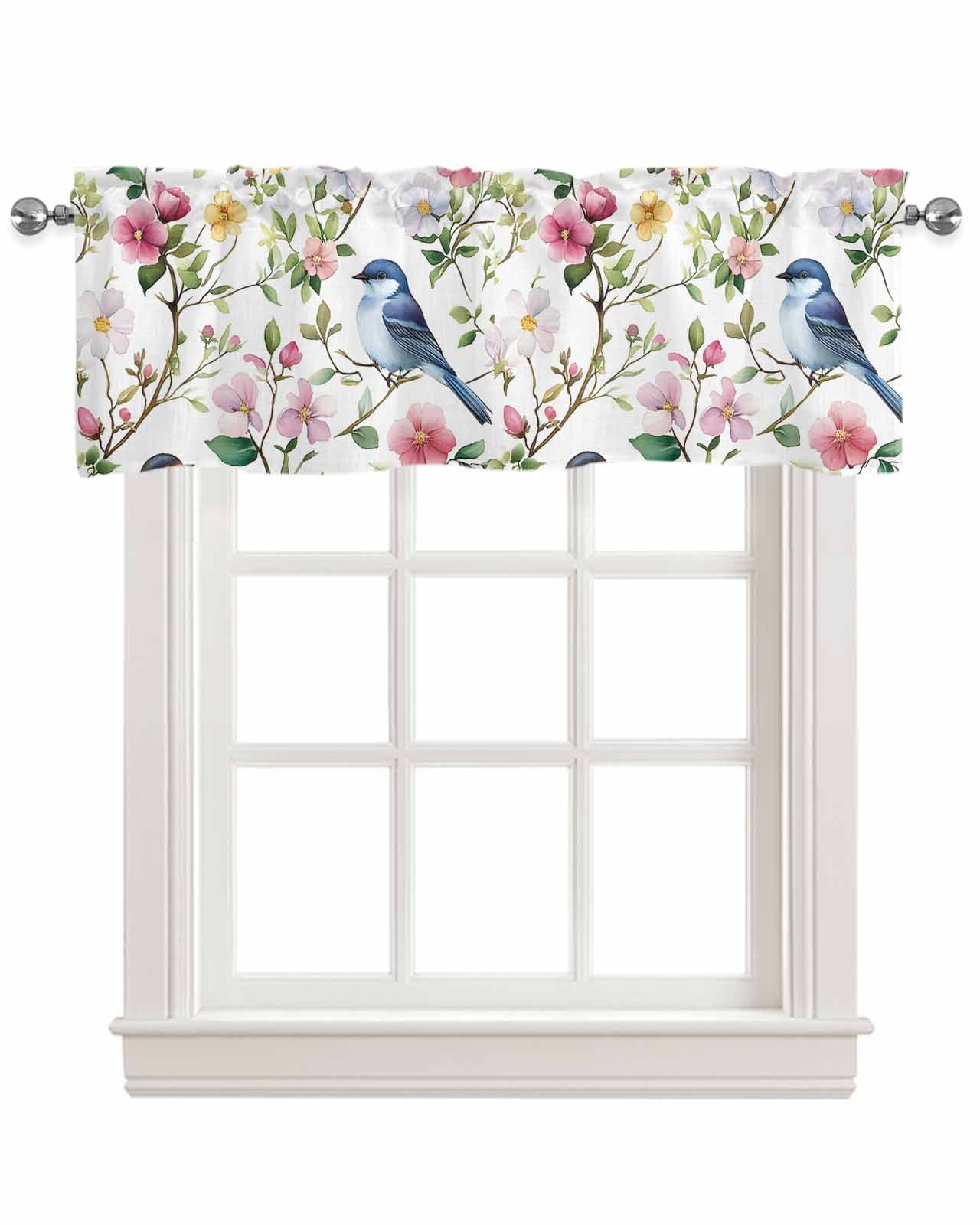 Spring Bird Floral Kitchen Valances for Windows Farmhouse Linen Window ...