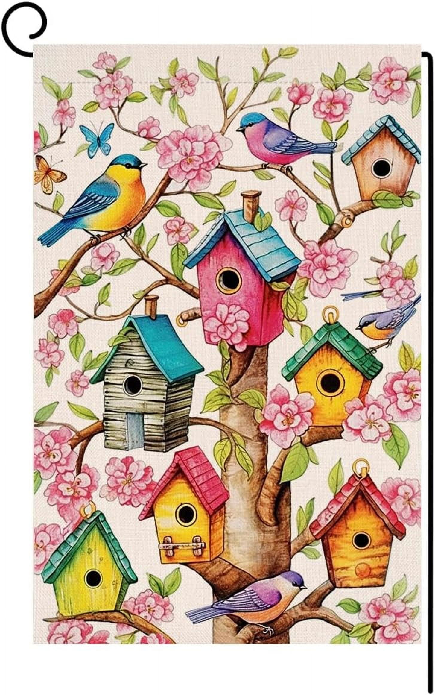 Spring Bird Garden Flag Vertical Double Sided Pink Floral Tree ...