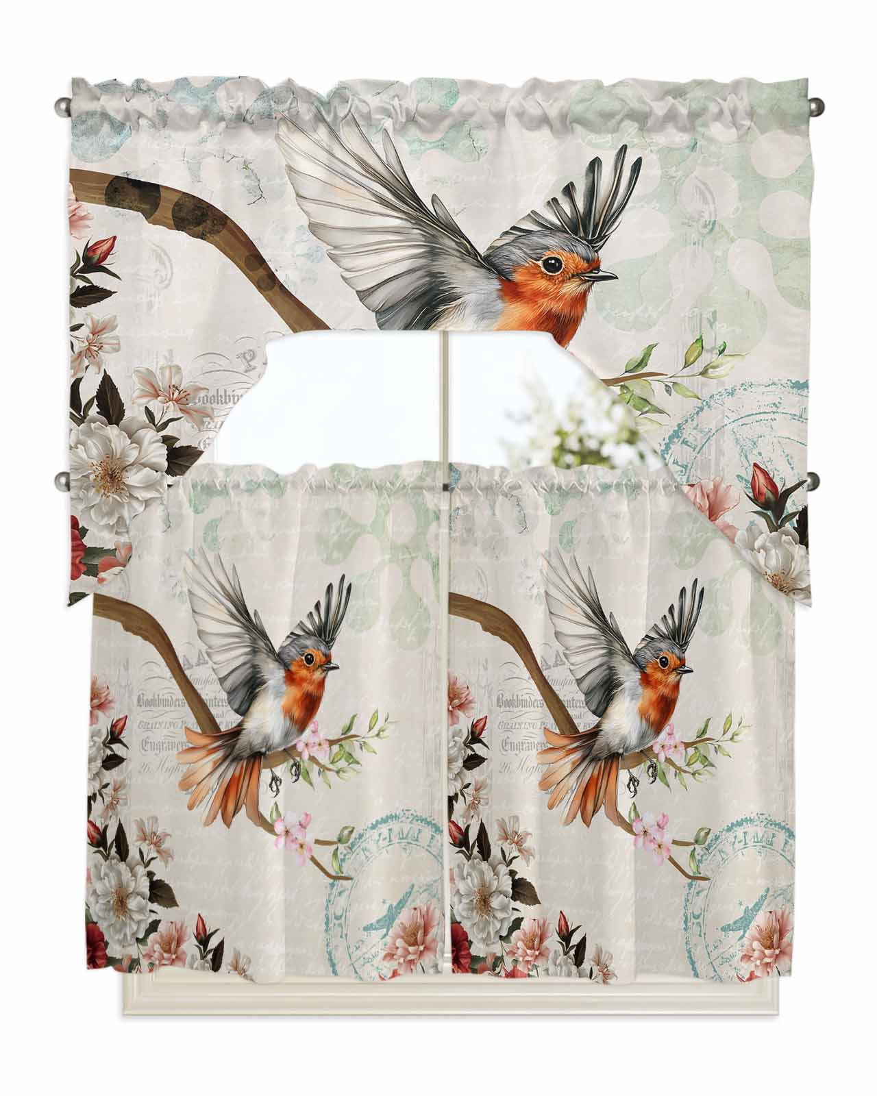 Spring Bird Kitchen Curtains Swag Valance and Tier Curtains Set 36 Inch ...