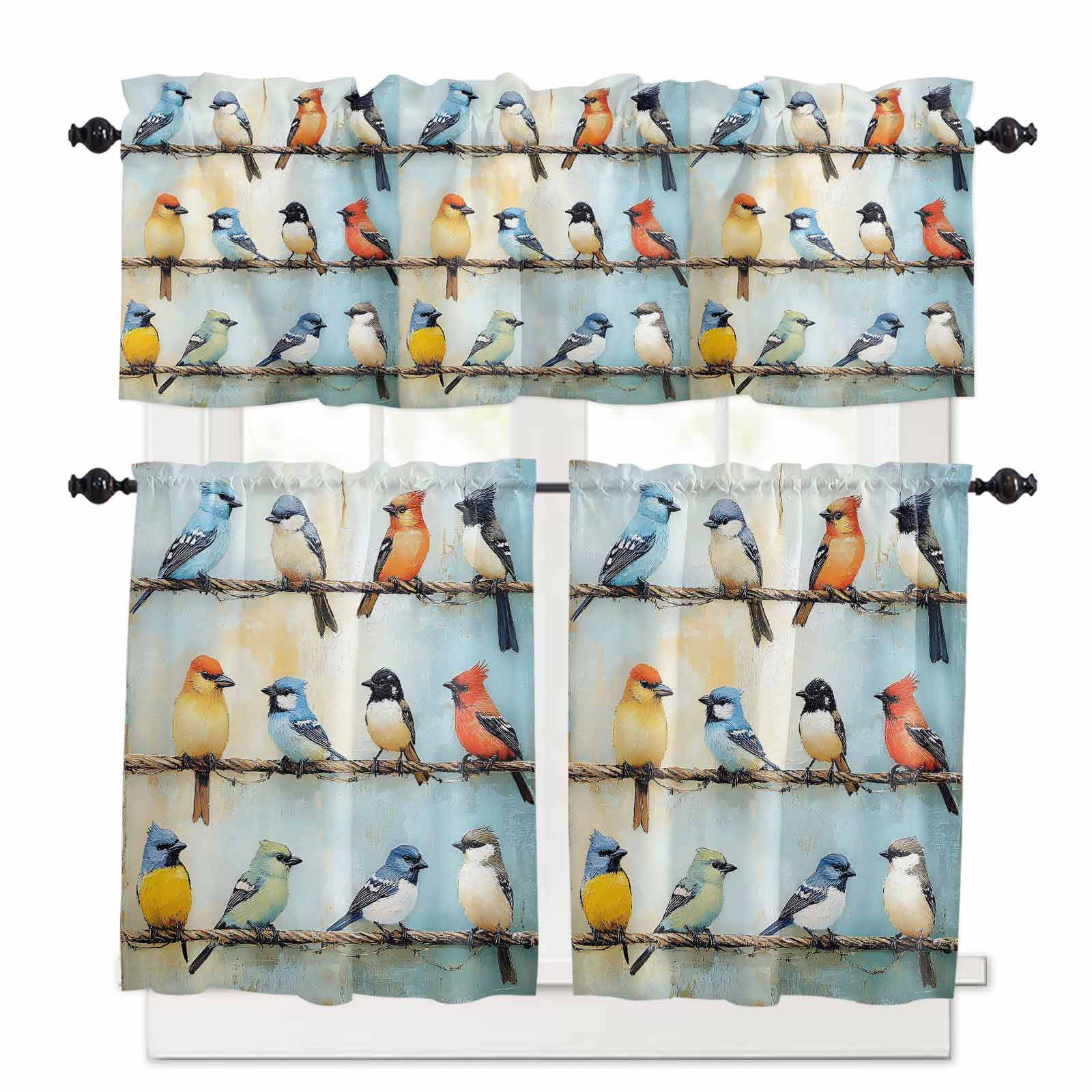 Spring Bird Kitchen Curtains and Valances Set, Retro Oil Painting ...