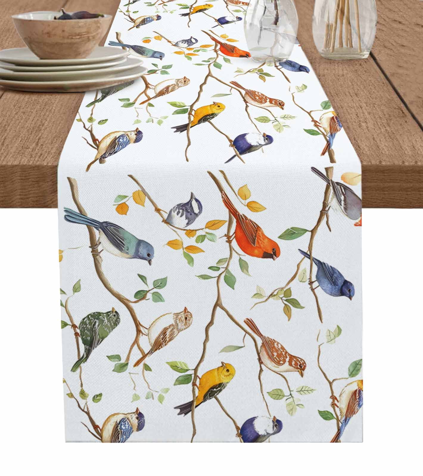 Spring Bird Leaf Burlap Cotton Table Runner 13x90 Inches Long ...