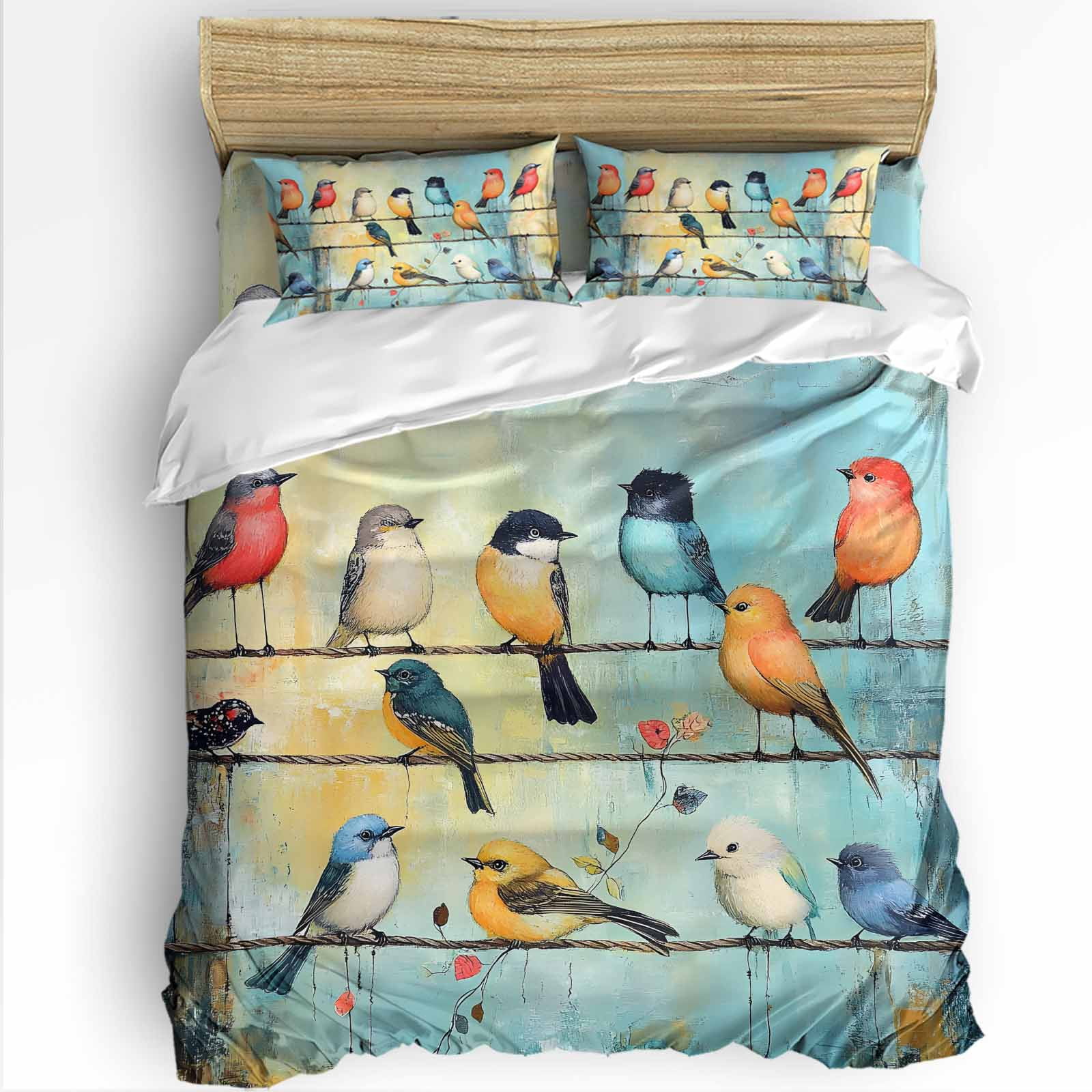 Spring Bird Queen Size Comforter Set, Vintage Animal Oil Painting Soft ...