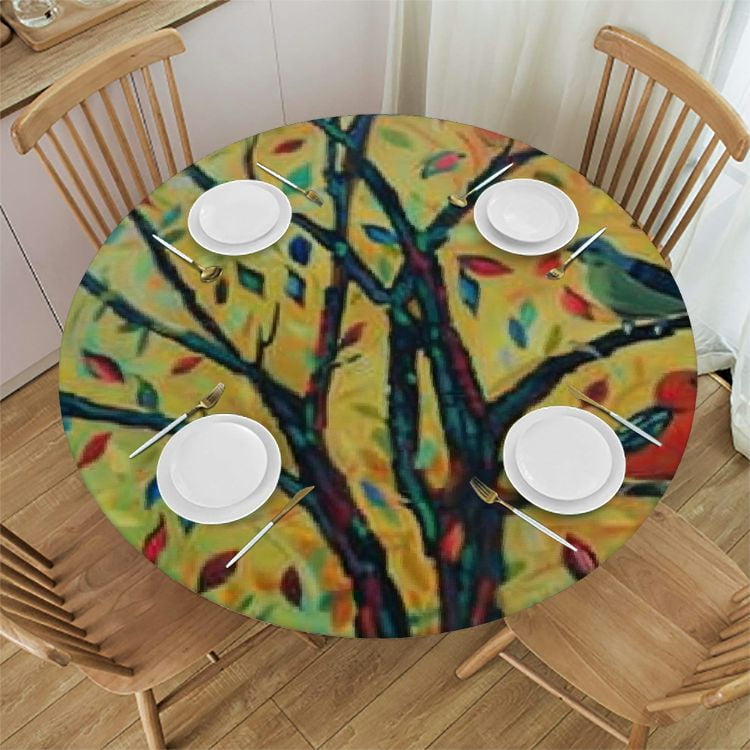 Spring Bird Round Fitted Tablecloth with Elastic Edge, Birds Tree Table ...