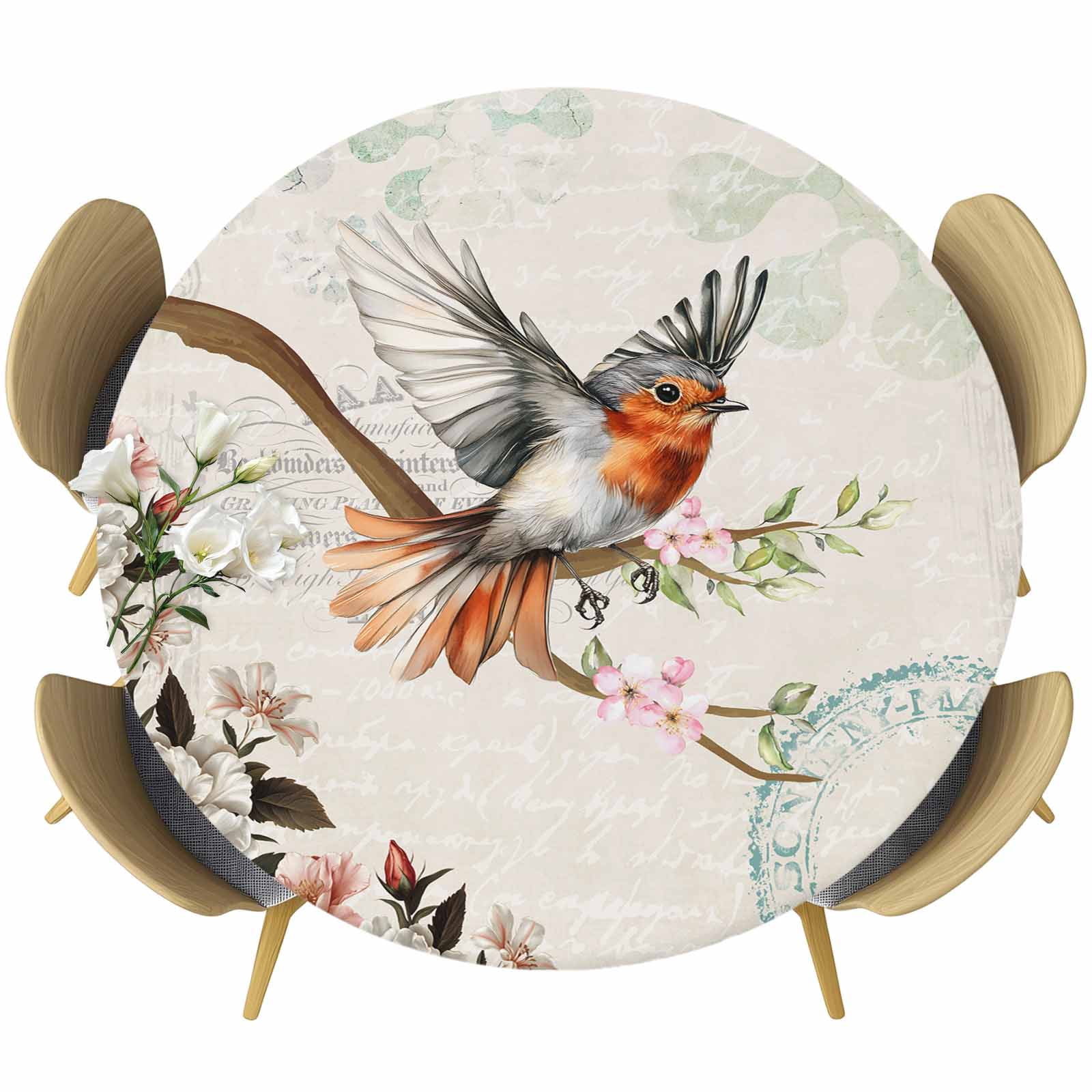 Spring Bird Round Tablecloth 55-60 Inch Round Fitted Table Cloth with ...