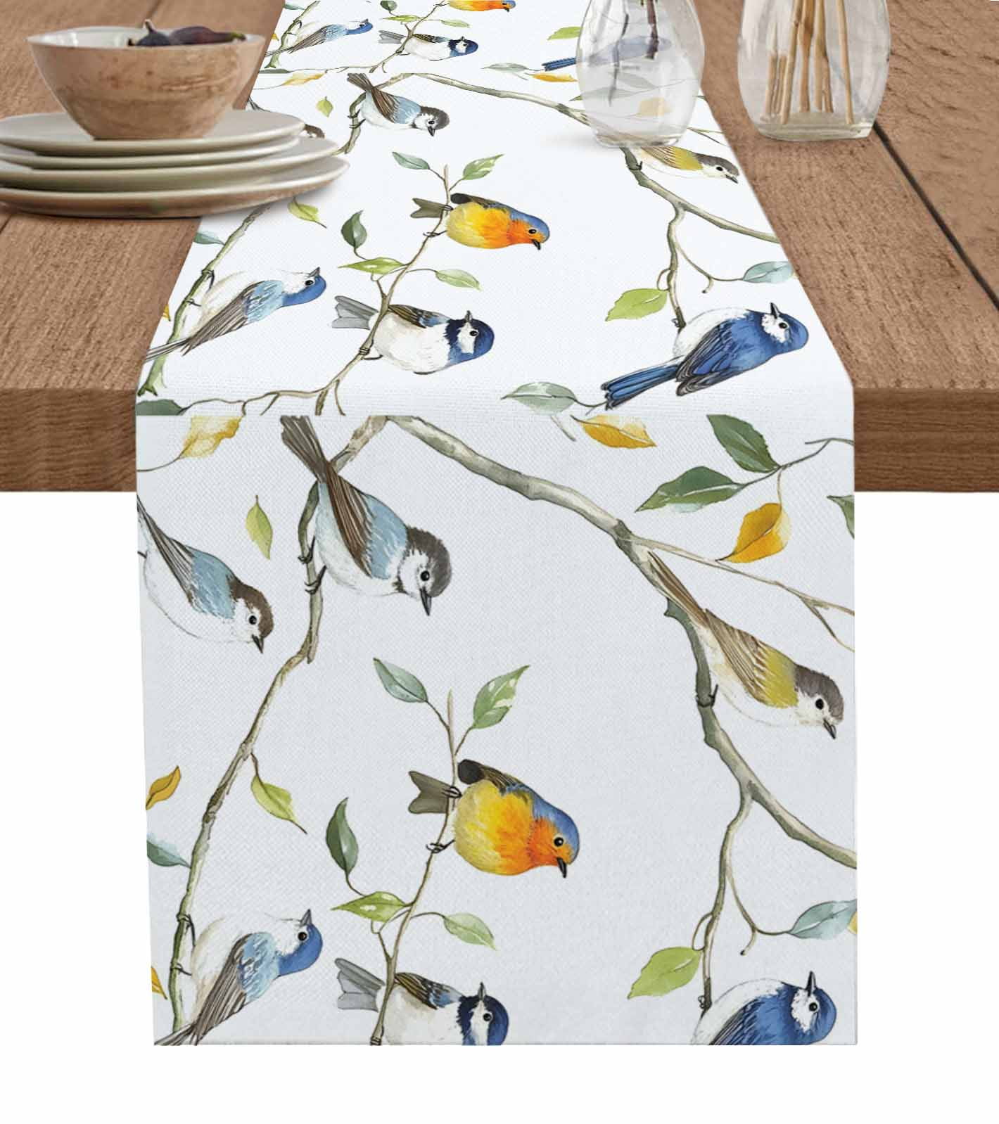 Spring Bird Table Runner 108 Inches, Watercolor Tree Leaf Branch ...