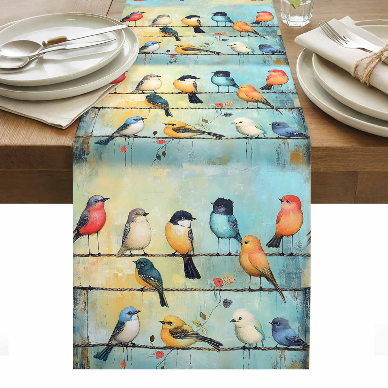 Spring Bird Table Runner 18 x 72 Inch, Vintage Animal Oil Painting ...