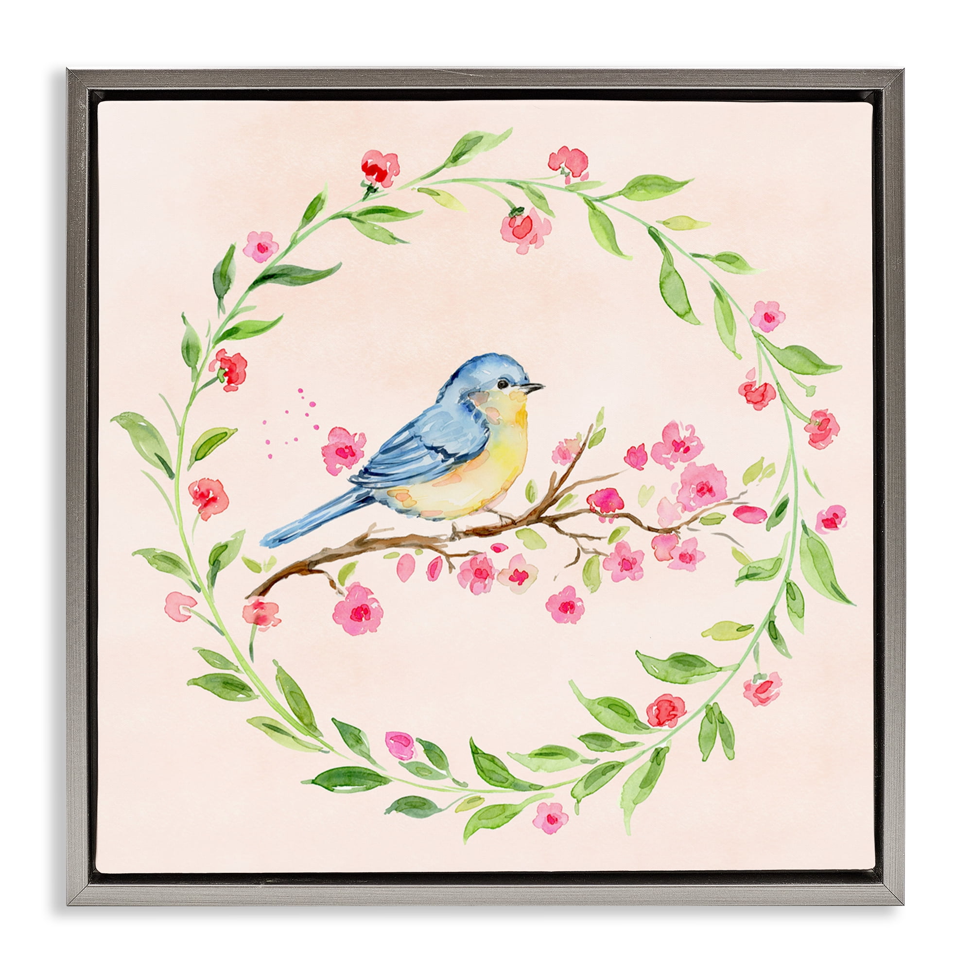 Spring Bird Wreath Perch Gray Framed Floater Canvas Wall Art, design by ...
