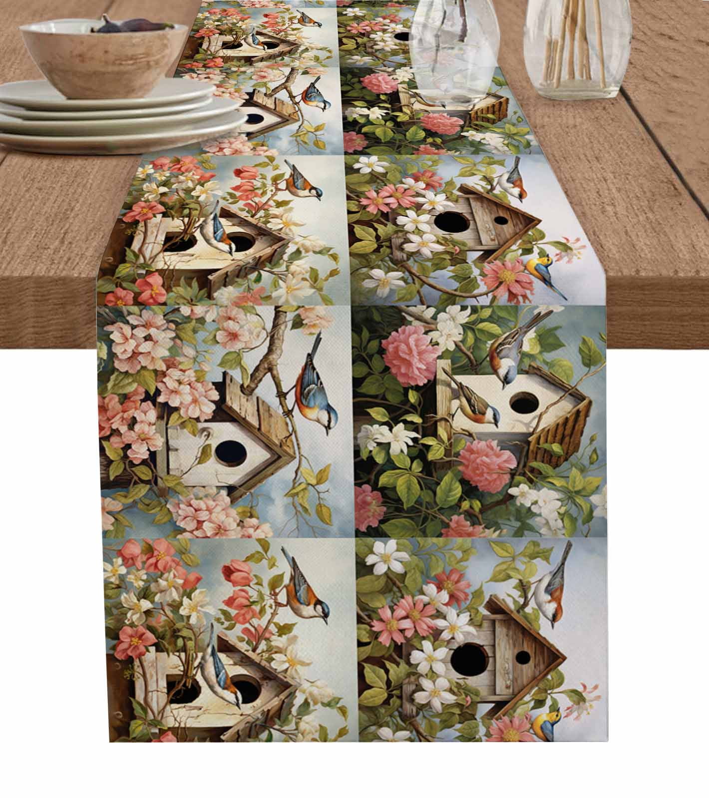 Spring Birdhouse, Table Runner Retro Botanical Watercolor Flower Leaf Tablerunners 13 x 120 Inch ...