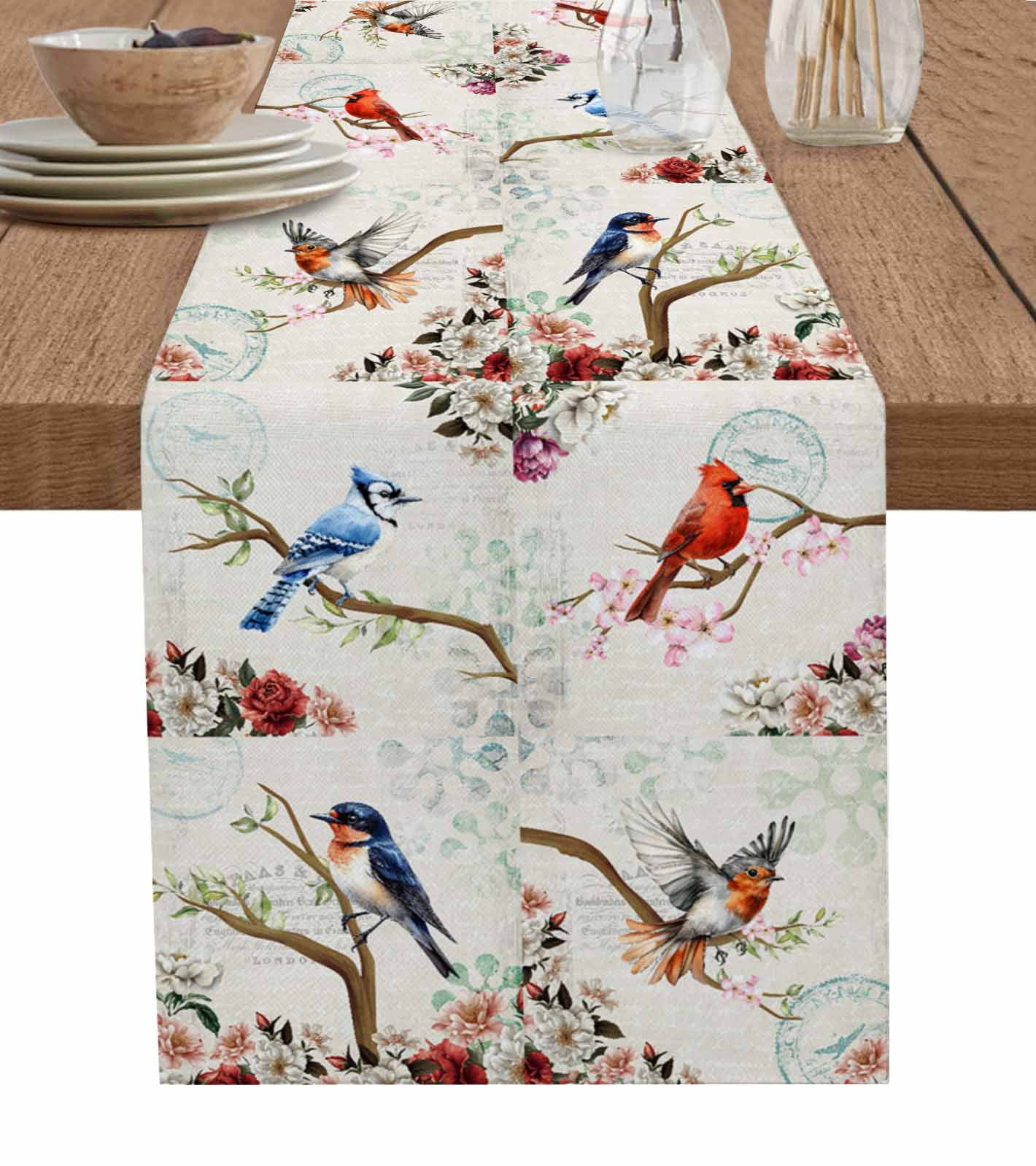 Spring Birds Floral Table Runner Farmhouse Botanical Burlap ...