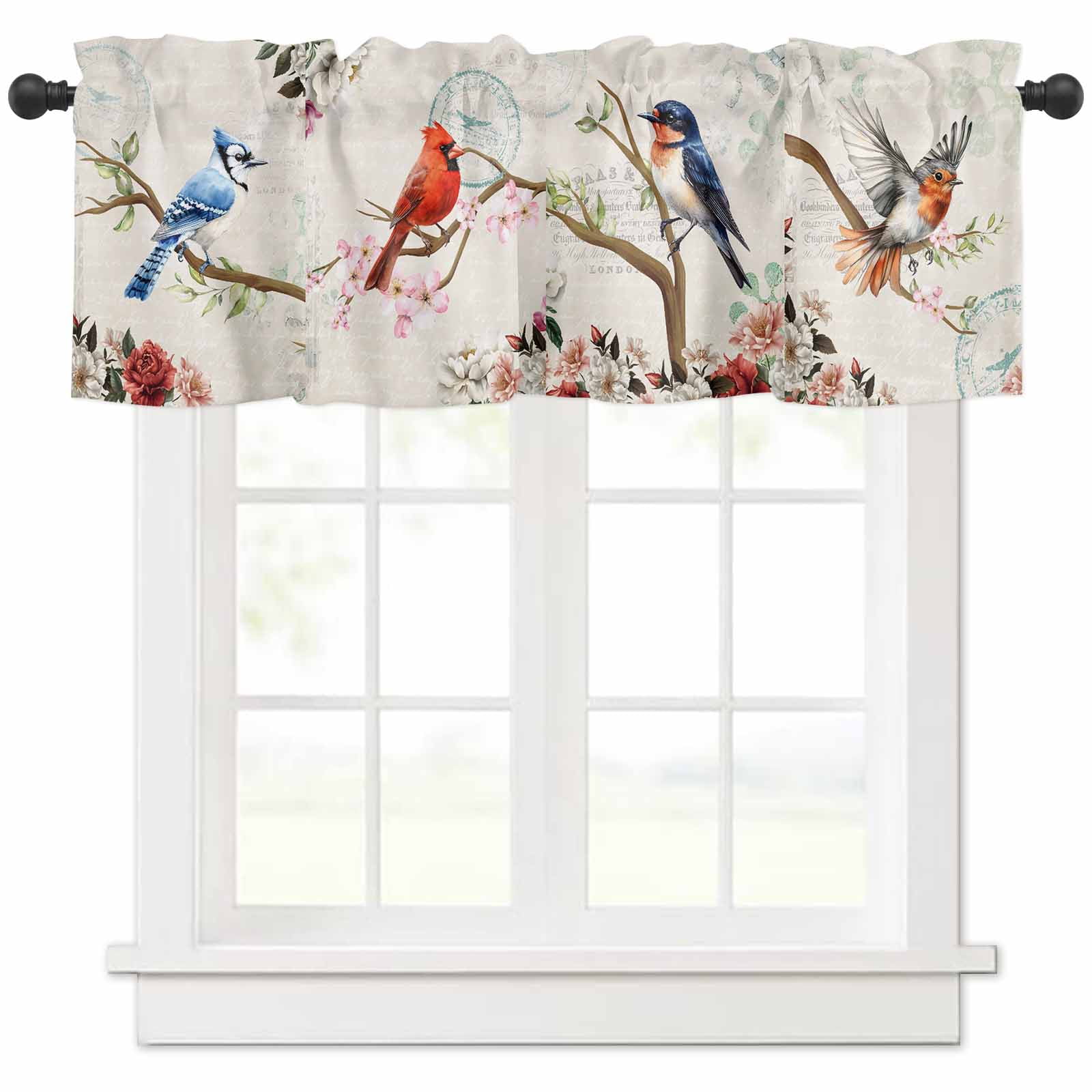 Spring Birds Floral Valances for Windows Farmhouse Kitchen Curtains ...