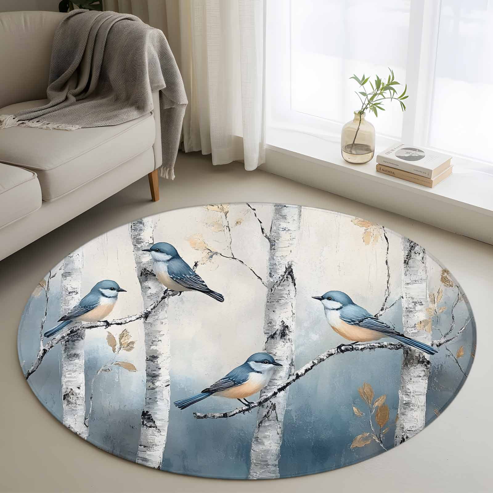 Spring Birds Round Area Rug 3 FT, Small Kitchen Bathroom Mats, Grey ...