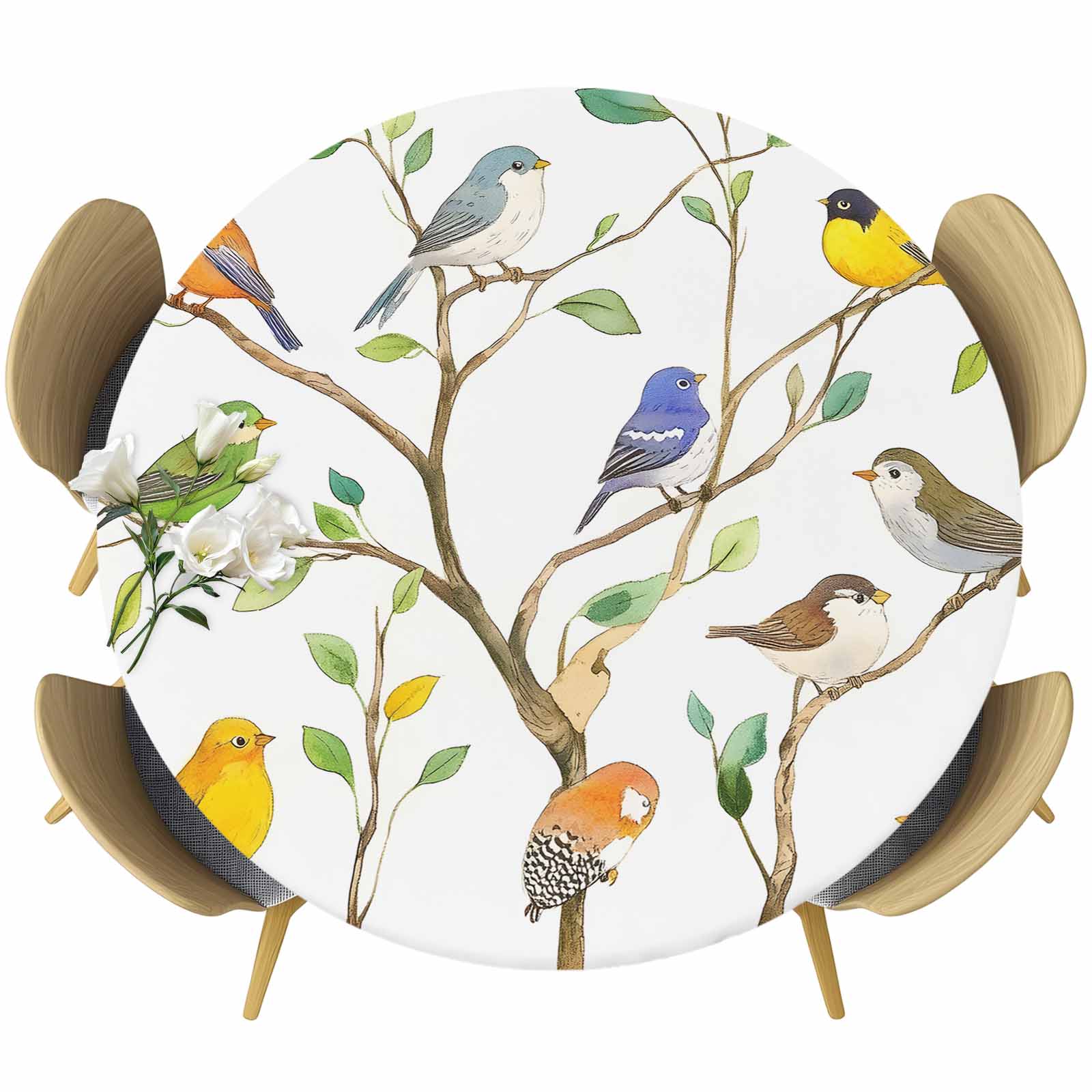 Spring Birds Round Tablecloth 36-44 Inch Round Fitted Table Cloth with ...