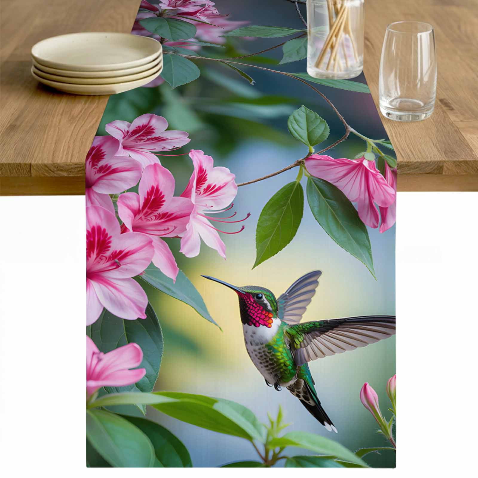 Spring Birds Table Runner - 60 Inch Long Botanical Flowers Leaves ...
