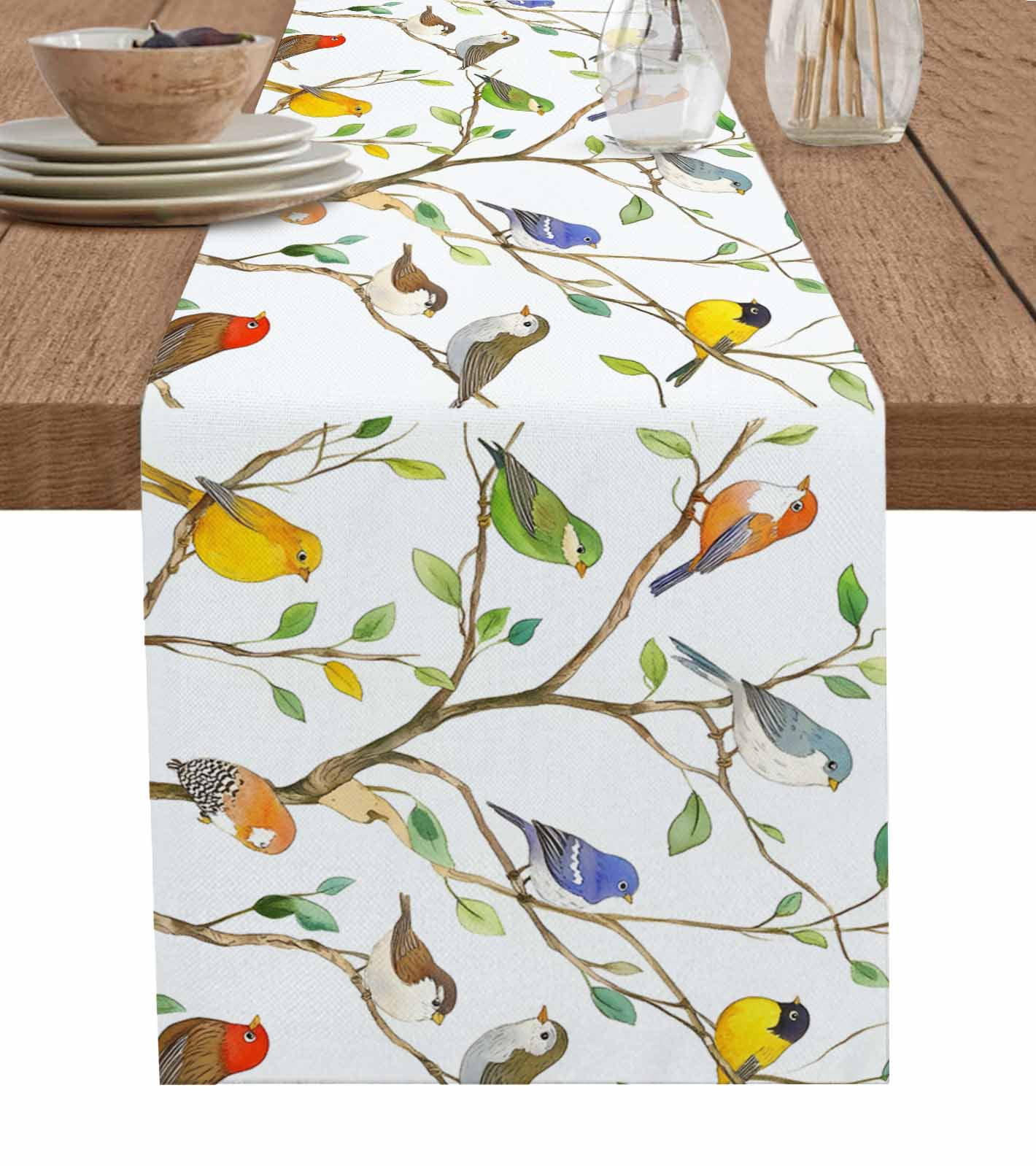 Spring Birds Table Runner 72 Inches, Watercolor Animals Tree Branch ...