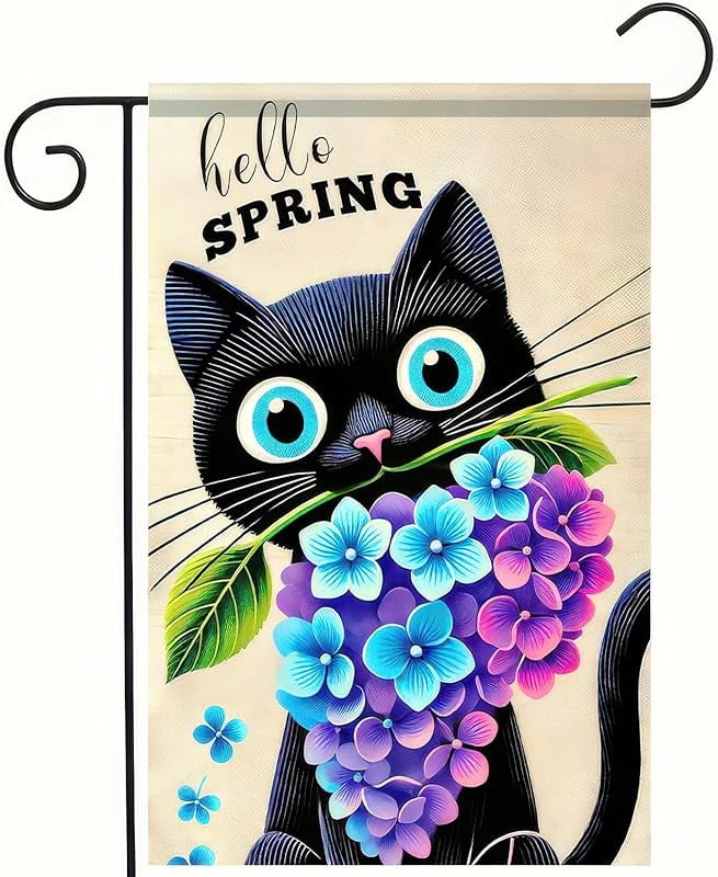 Spring Black Cat Garden Flag Funny Floral Cat Garden Flag 12×18 Inch ...