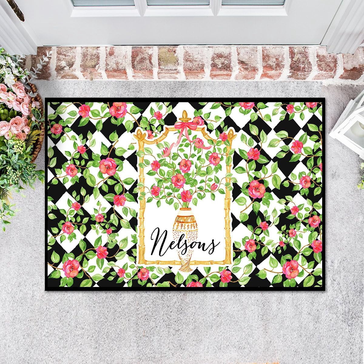 Spring Black White Buffalo Grid Door Mat for Front Door Roses Flowers ...