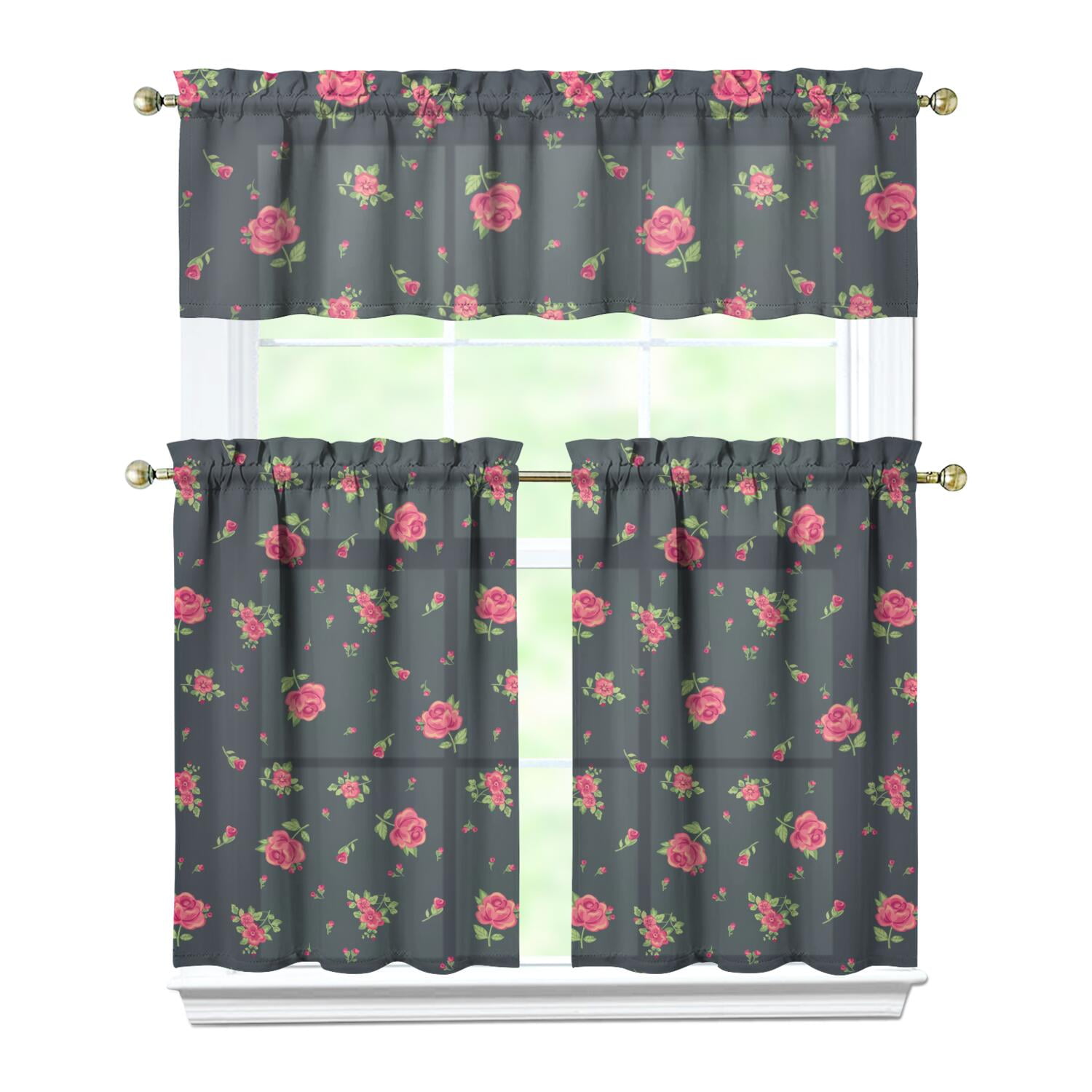 Spring Bloom Kitchen Curtains Set of 3 with Valance and Tier Panels ...