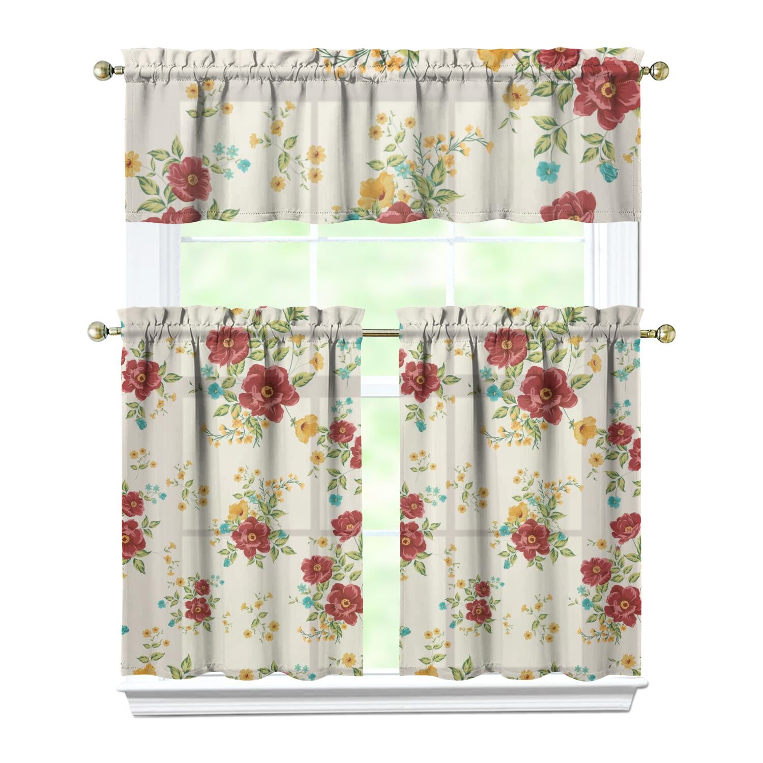 Spring Bloom Kitchen Curtains Set of 3 with Valance and Tier Panels Farmhouse - Walmart.com