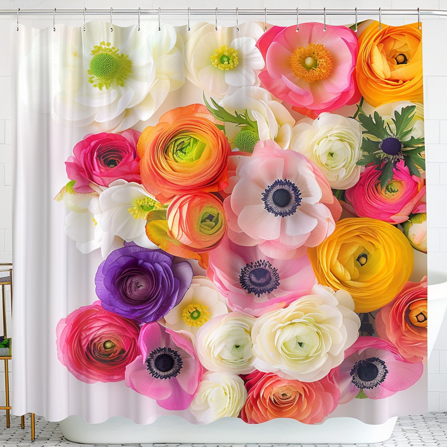 Spring Blooms Shower Curtain: Ranunculus & Anemones Bouquet Vibrant ...