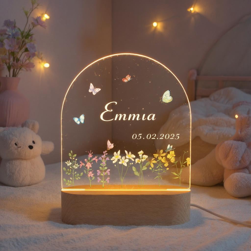 Spring Blossom Floral Custom Night Light Acrylic Board Wooden Base ...
