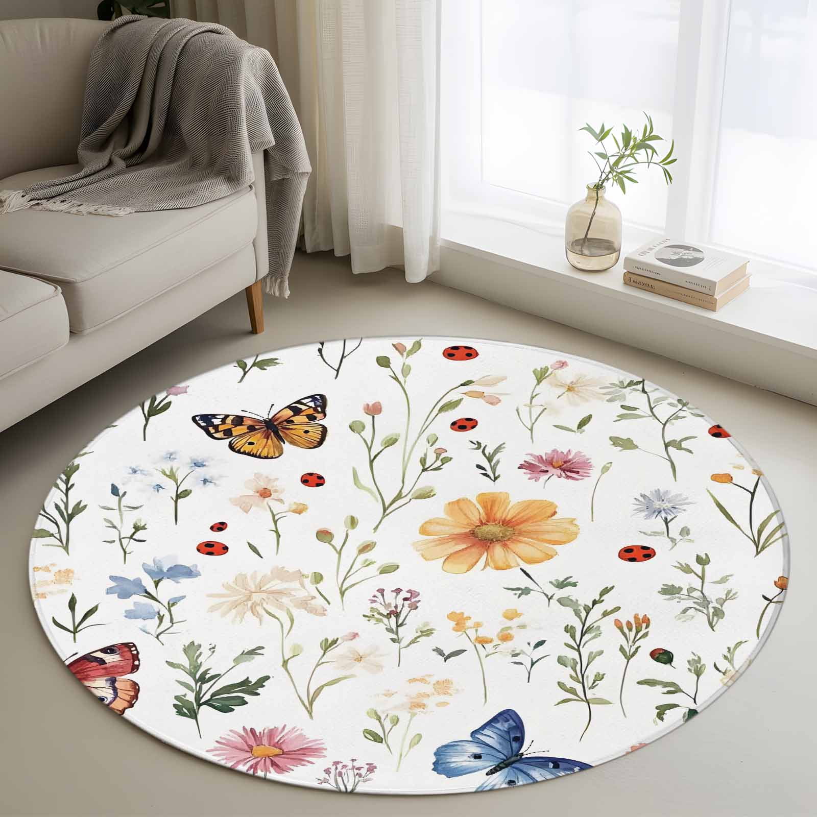 Spring Blossom Floral Round Rug 4ft Washable Circle Entryway Rugs Non ...