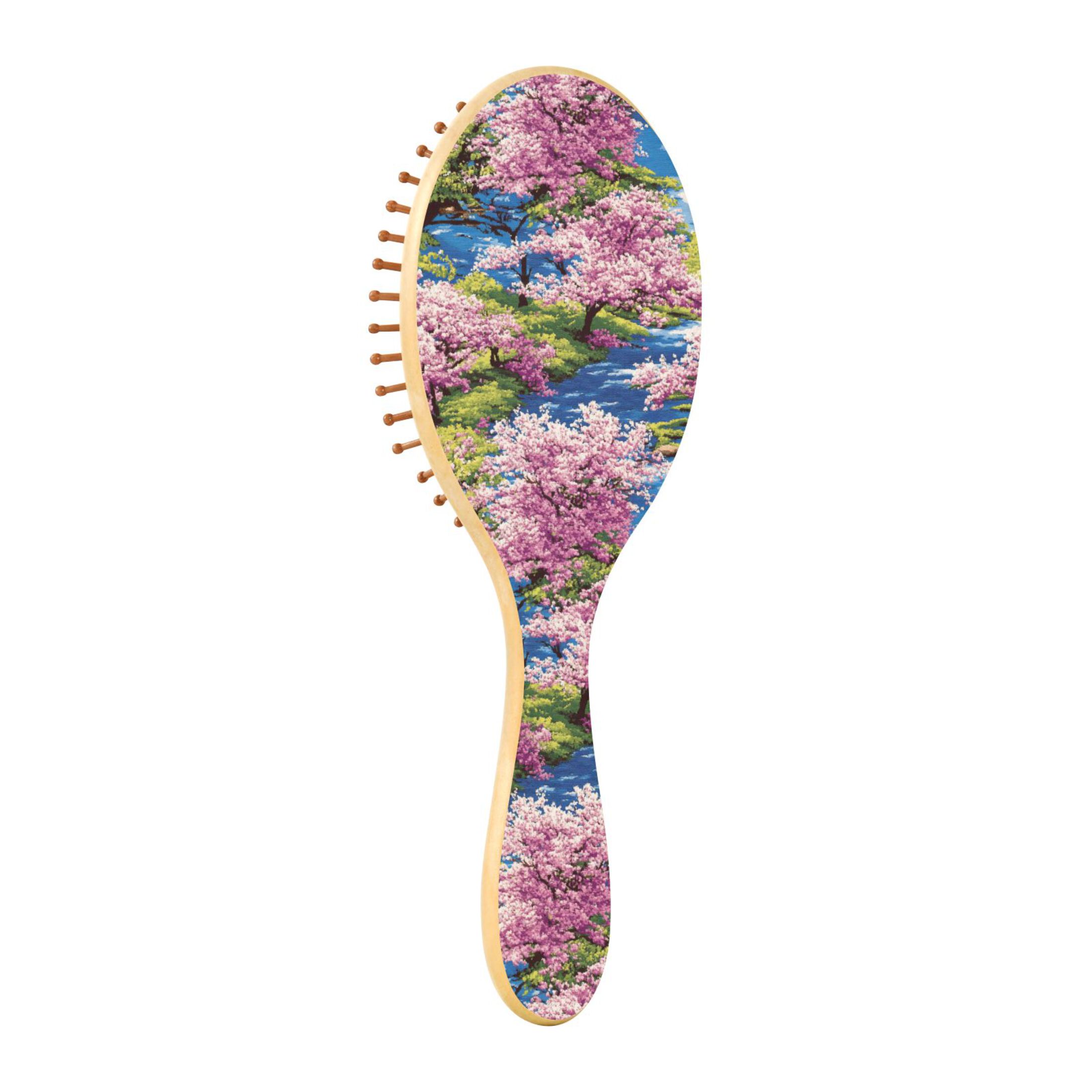 Spring Blossom River Scene Natural Wooden Hair Brush with Cushion for ...