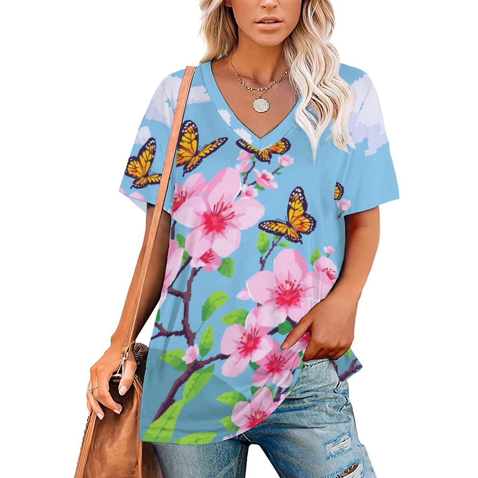 Spring Blossoms Butterflies Flowers V Neck Fashion Oversize T-Shirt ...