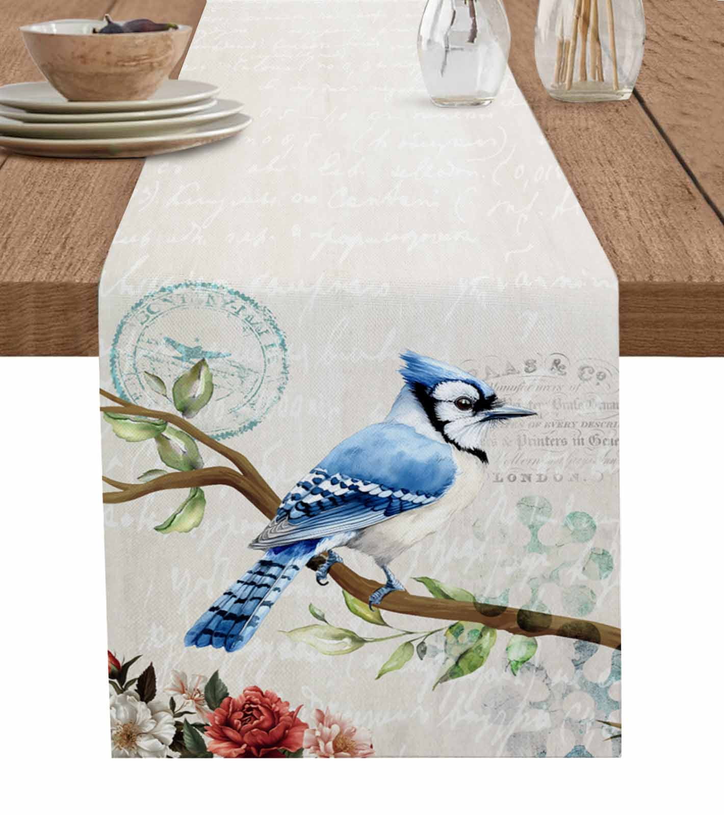 Spring Blue Bird Table Runner Summer Vintage Branch Floral Beige ...