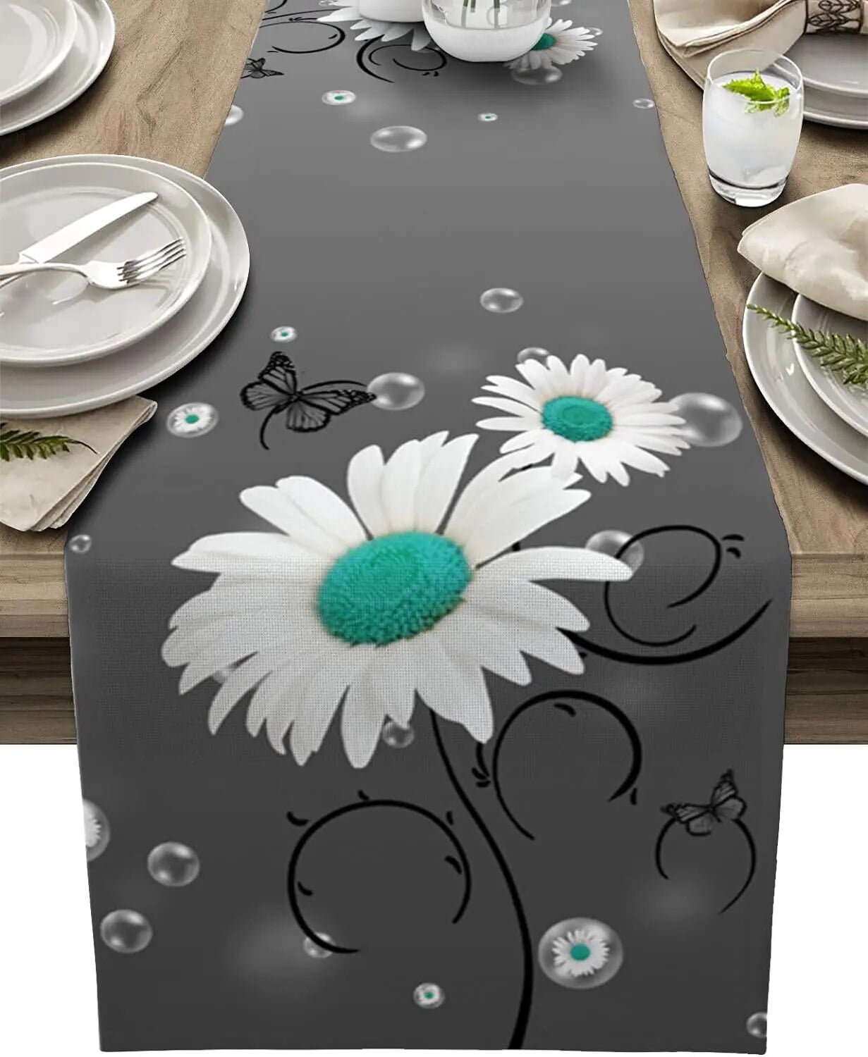 Spring Blue Daisy Butterfly Linen Table Runner Dresser Scarf Table ...