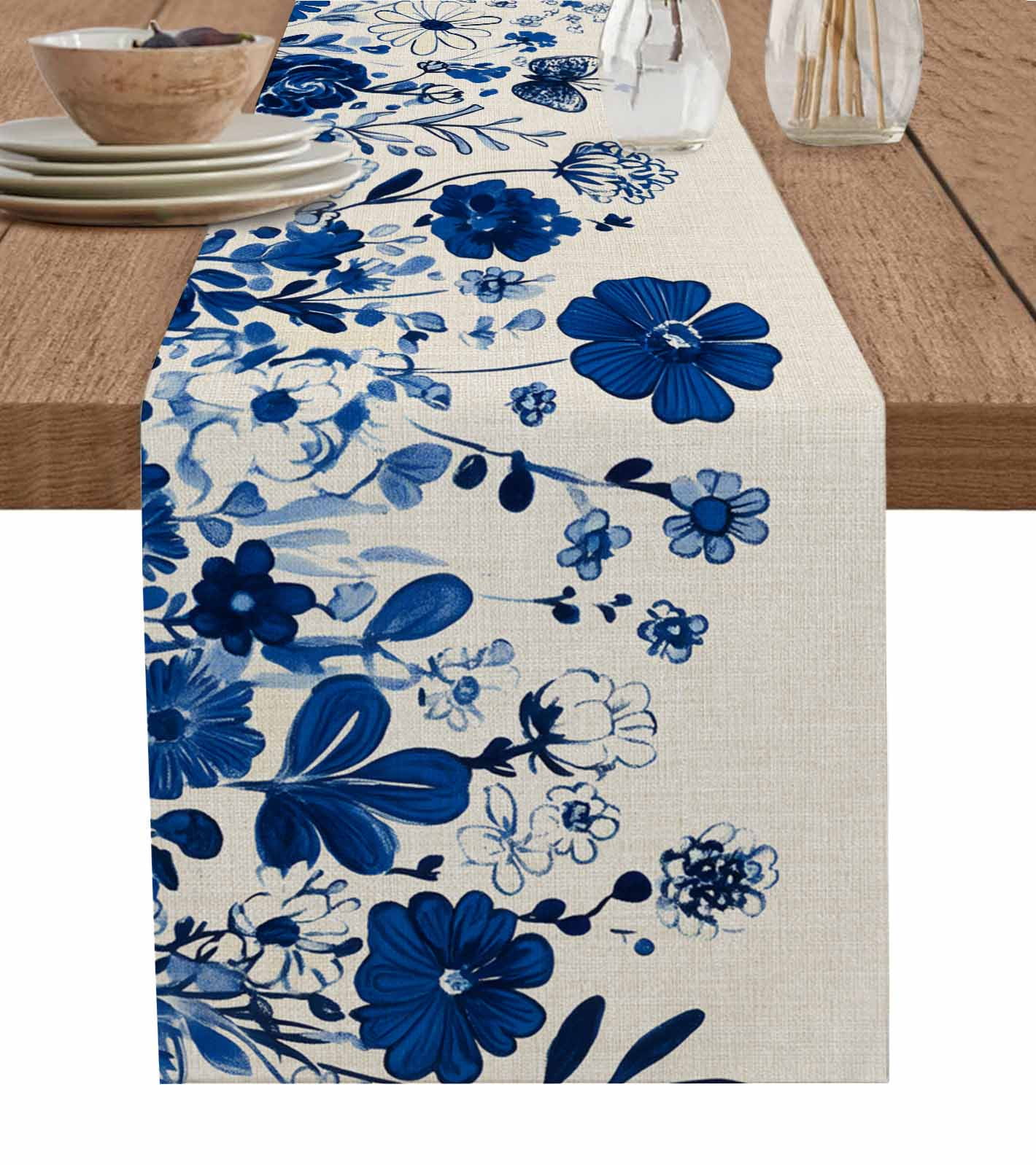 Spring Blue Floral Burlap Cotton Table Runner 18x72 Inches Long ...