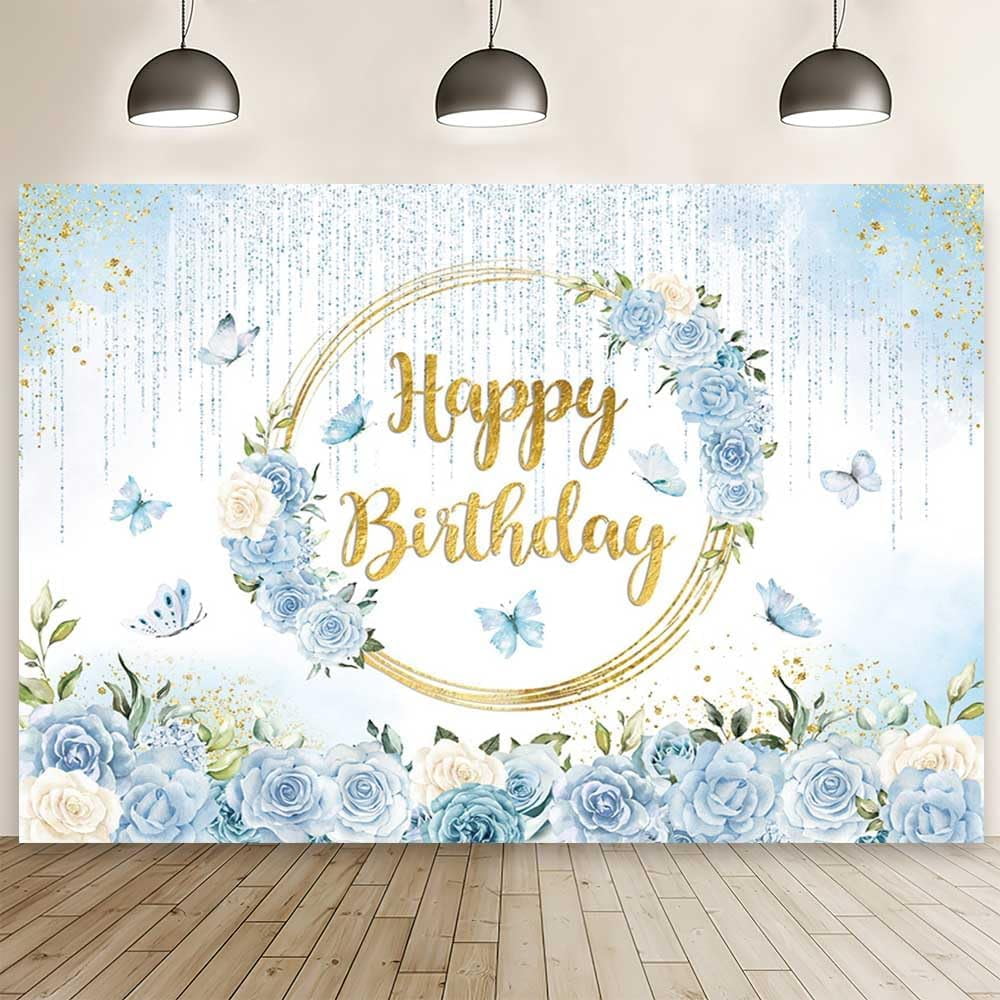 Spring Blue Floral Happy Birthday Backdrop Blue Pastel Dripping Glitter ...