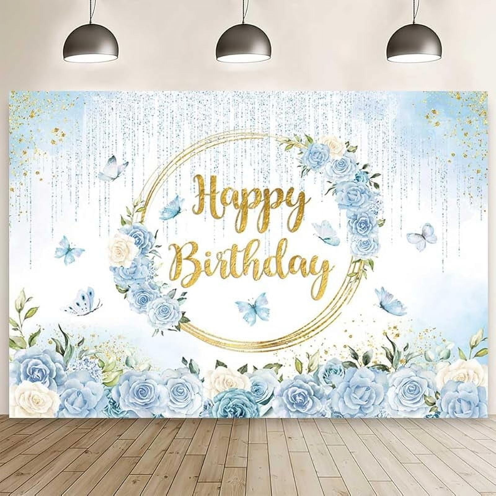 Spring Blue Floral Happy Birthday Backdrop Blue Pastel Dripping Bday ...