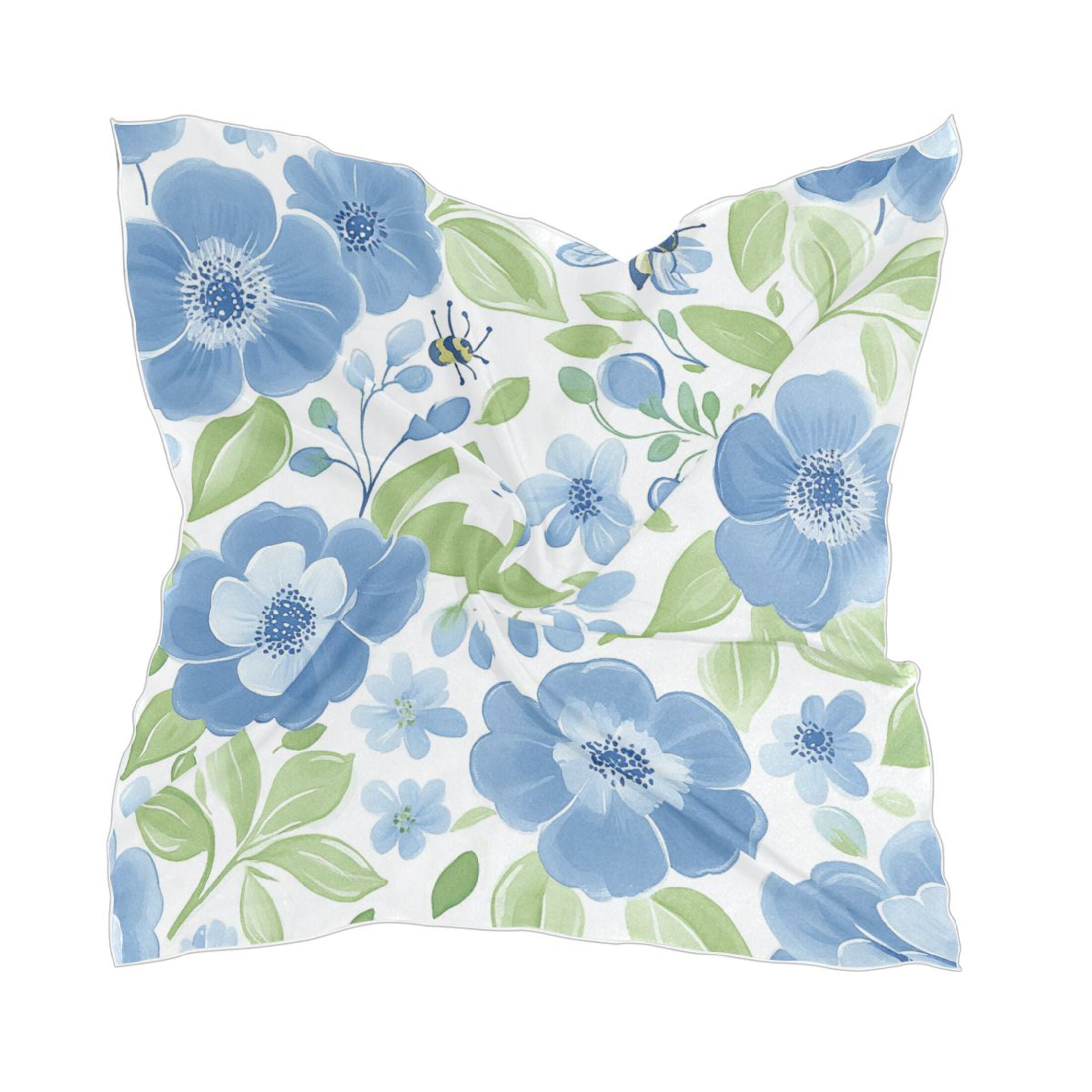 Spring Blue Floral Pattern 23.62x23.62in Square Scarf Silk like Fabric ...