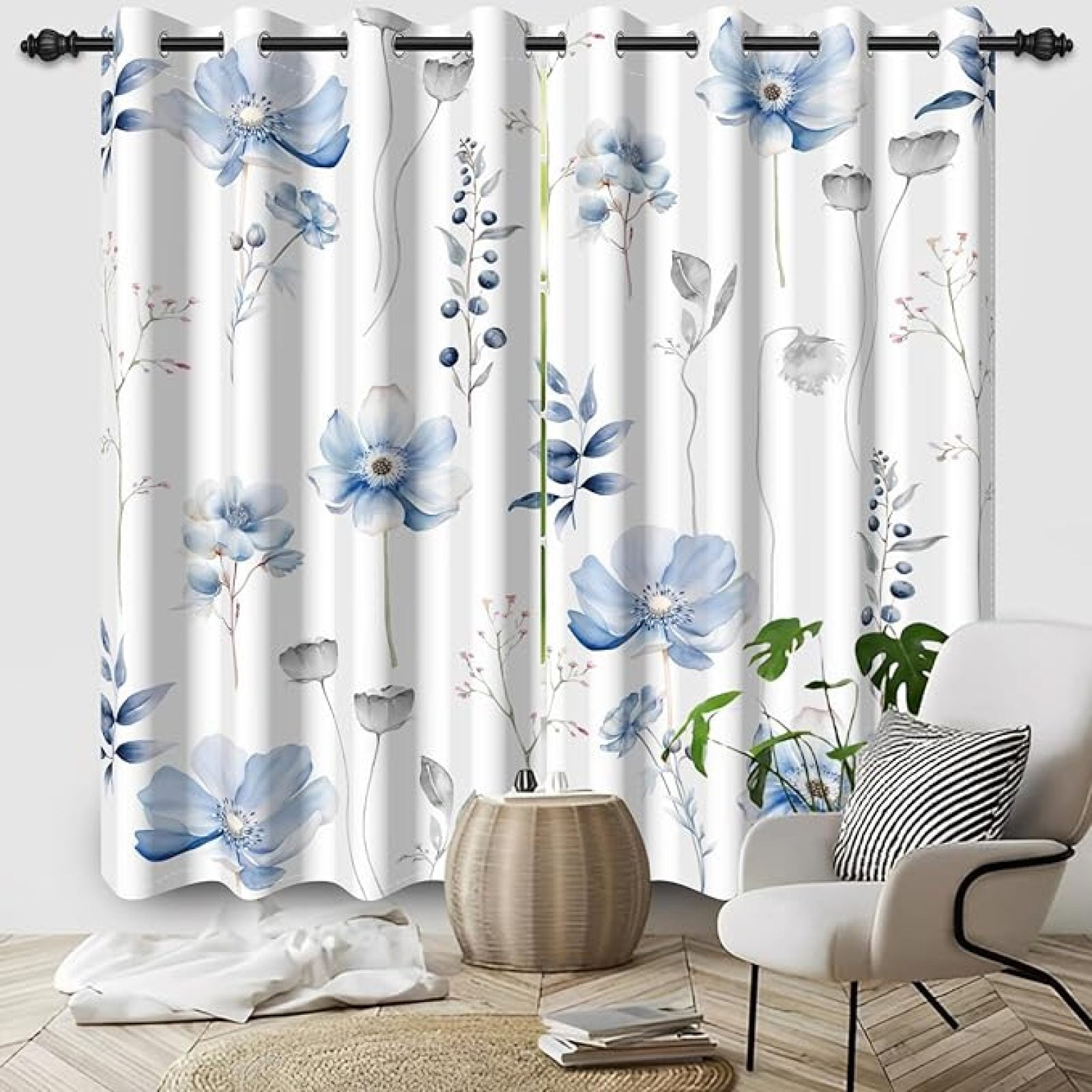 Spring Blue Floral Window Curtains Watercolor Flowers Plants Printed ...