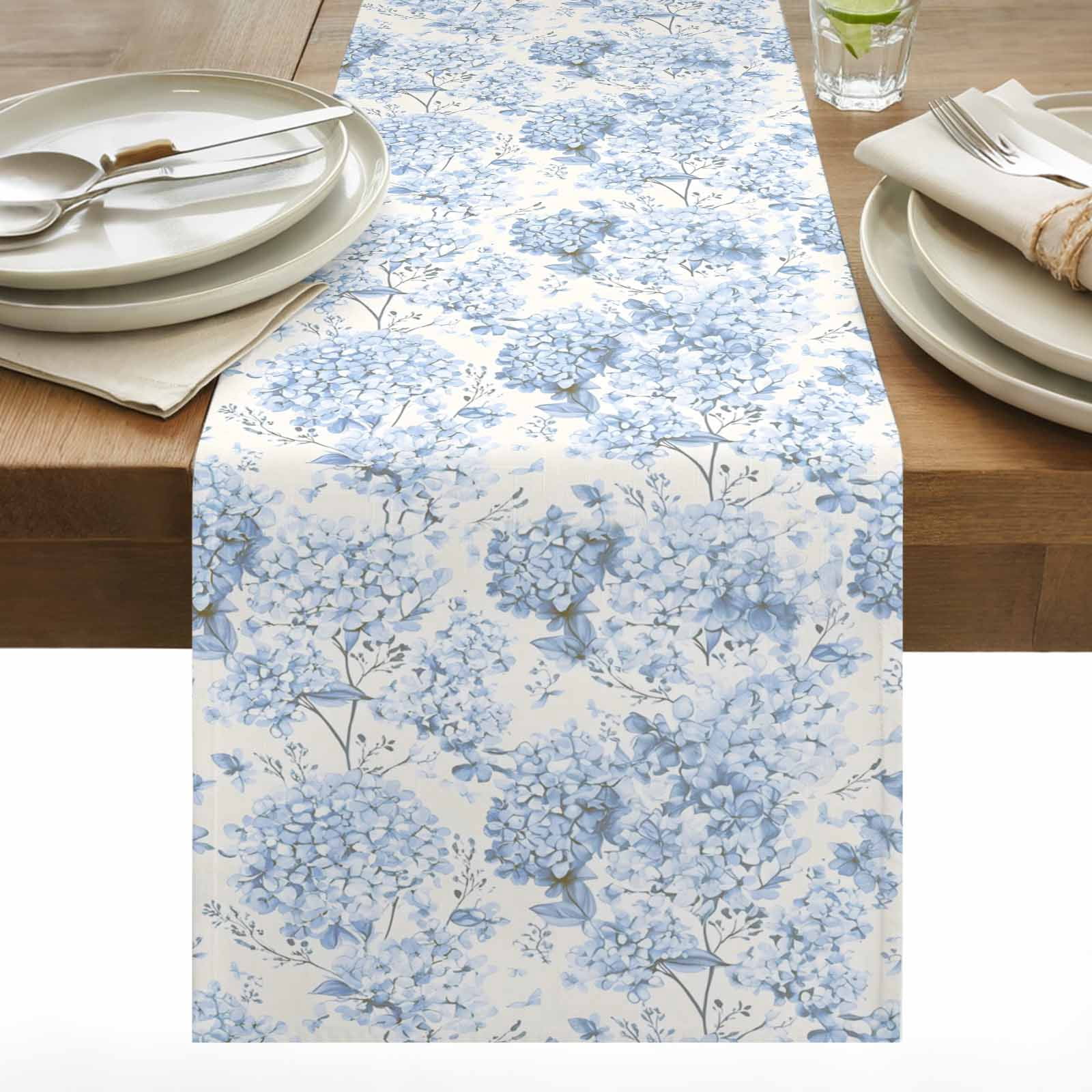 Spring Blue Flower Cotton Linen Table Runner Hydrangeas Floral Leaf ...