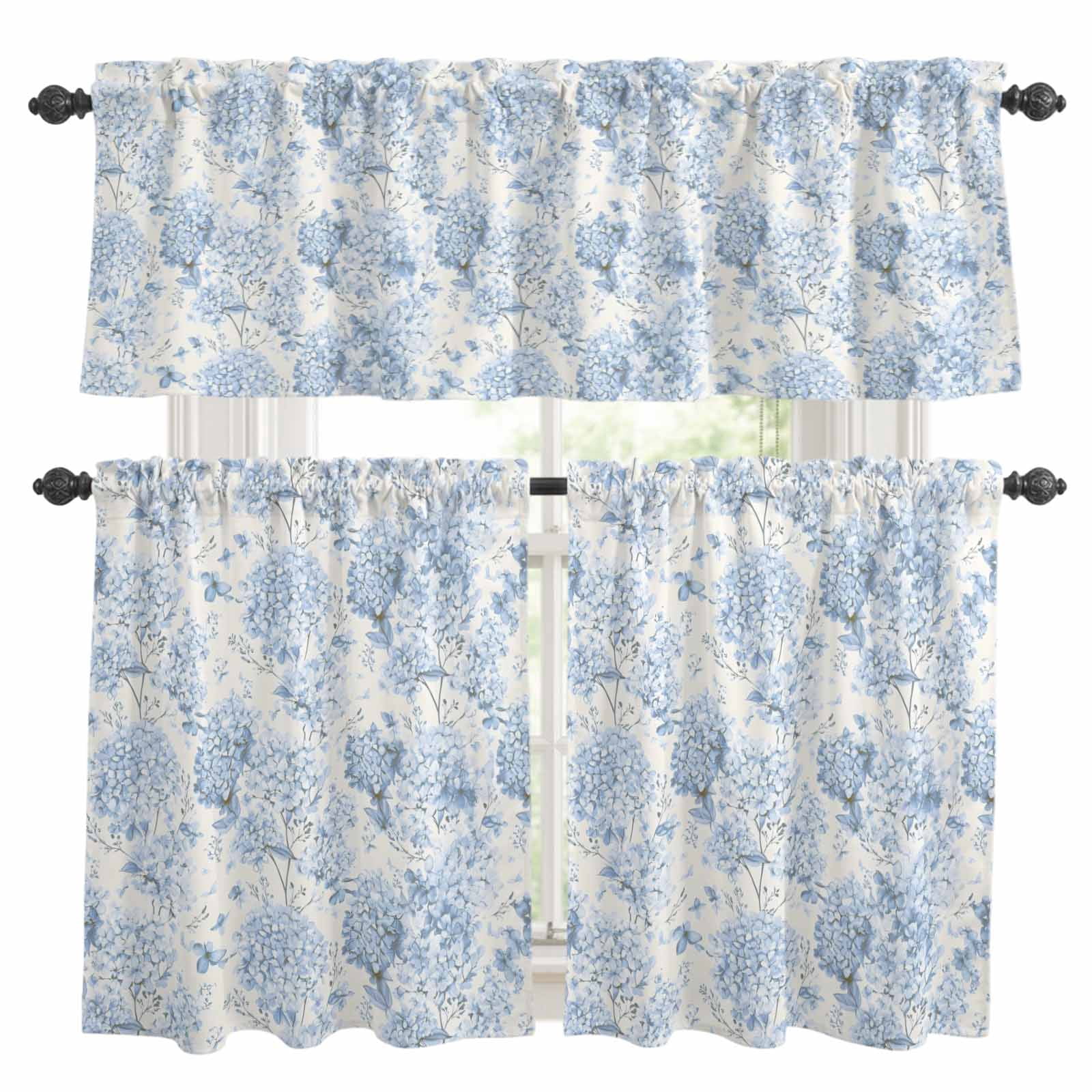 Spring Blue Flower Kitchen Curtains and Valances Set, Hydrangeas Floral ...