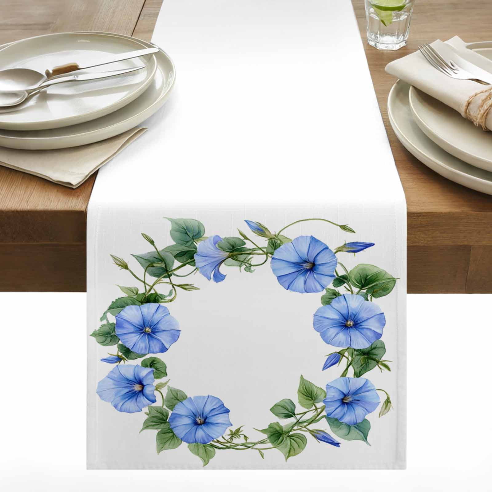 Spring Blue Flower Wreath Cotton Linen Table Runner Country Watercolor ...
