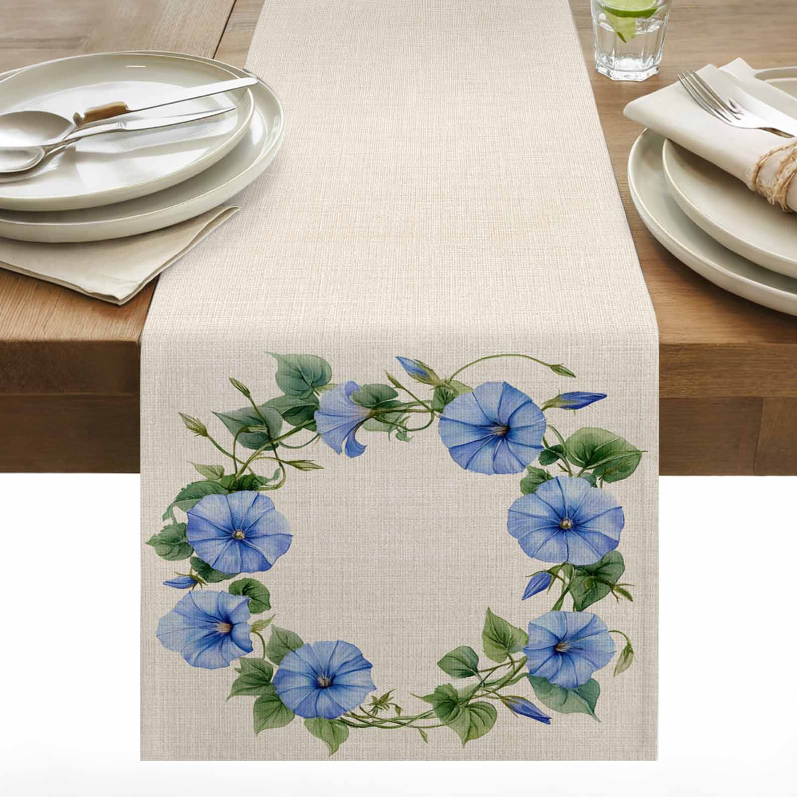 Spring Blue Flower Wreath Cotton Linen Table Runner Country Watercolor ...