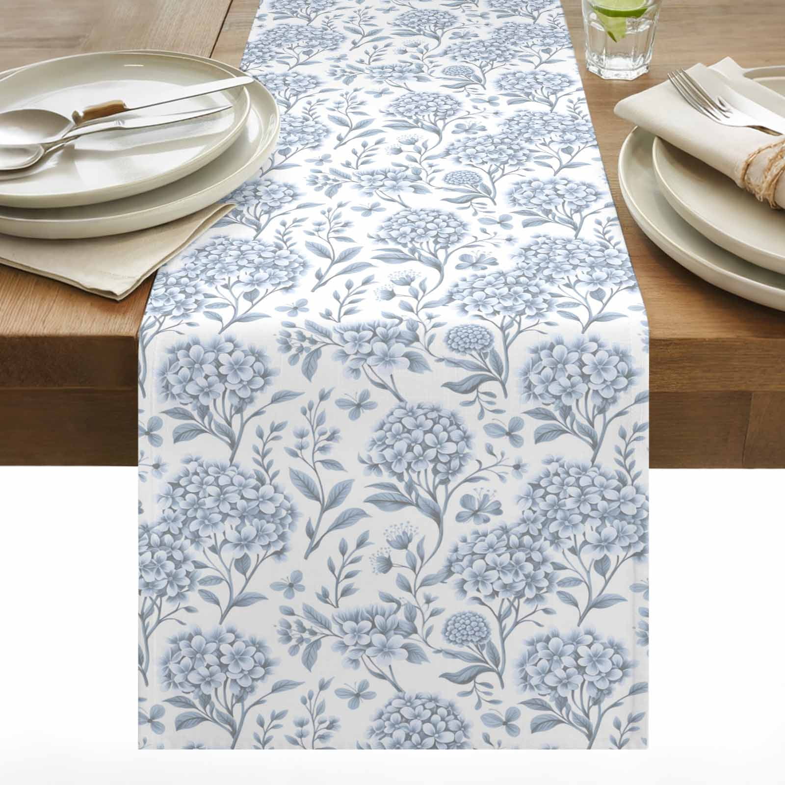 Spring Blue Flowers Cotton Linen Table Runner Hydrangeas Floral Leaf ...