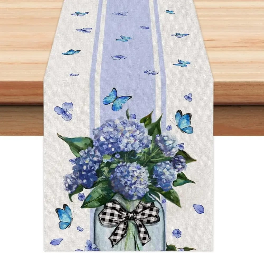 Spring Blue Hydrangea Linen Table Runner Holiday Party Decorations ...