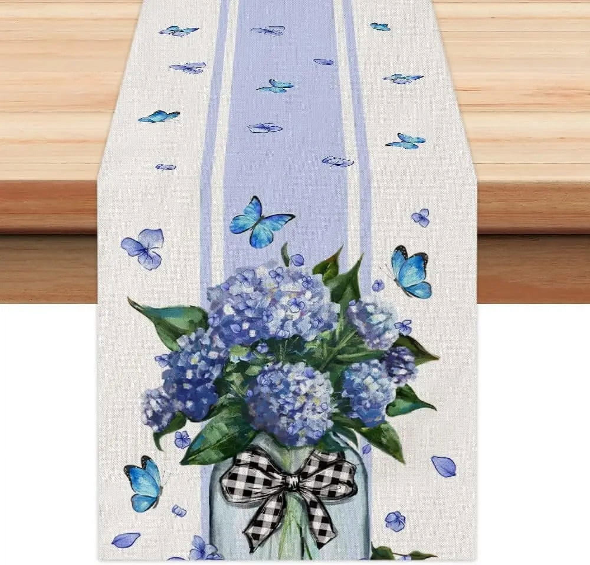 Spring Blue Hydrangea Linen Table Runner Holiday Party rations Washable ...