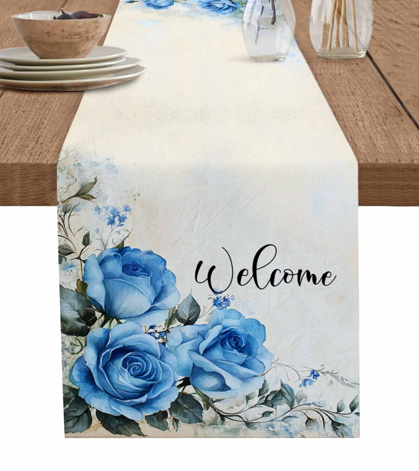 Spring Blue Rose Table Runner 72 Inches, Green Leaves Vintage Country Rustic Bed Runner Dresser ...